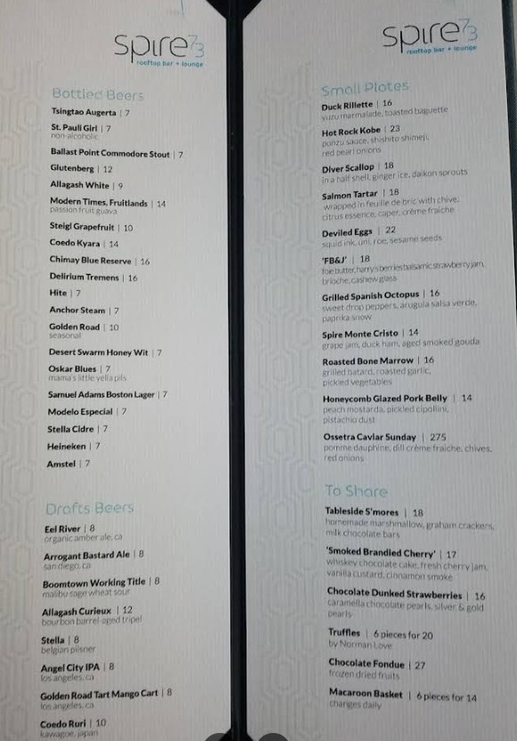 Spire 73 Cafe Menu – Rooftop Bar & Craft Cocktails in Downtown Los Angeles